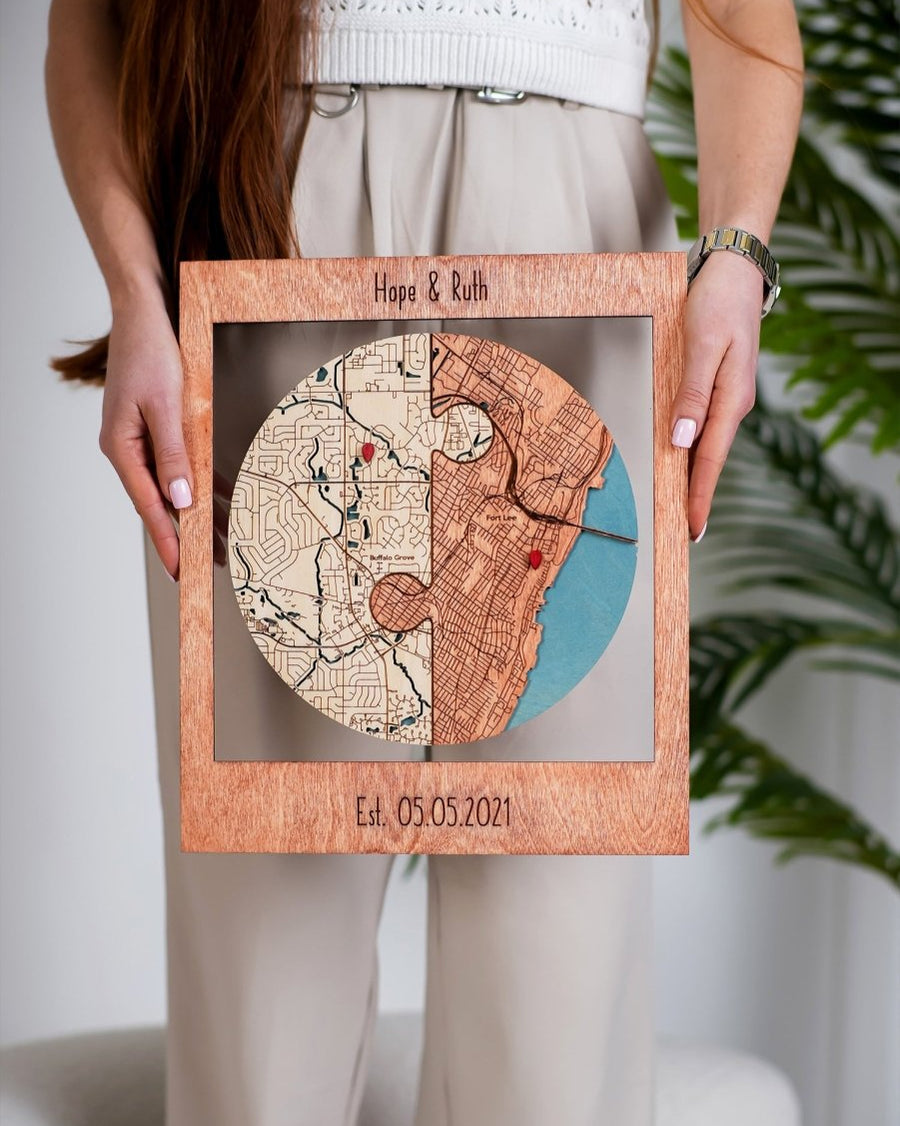 Two Locations Puzzle Map Newlywed Gift