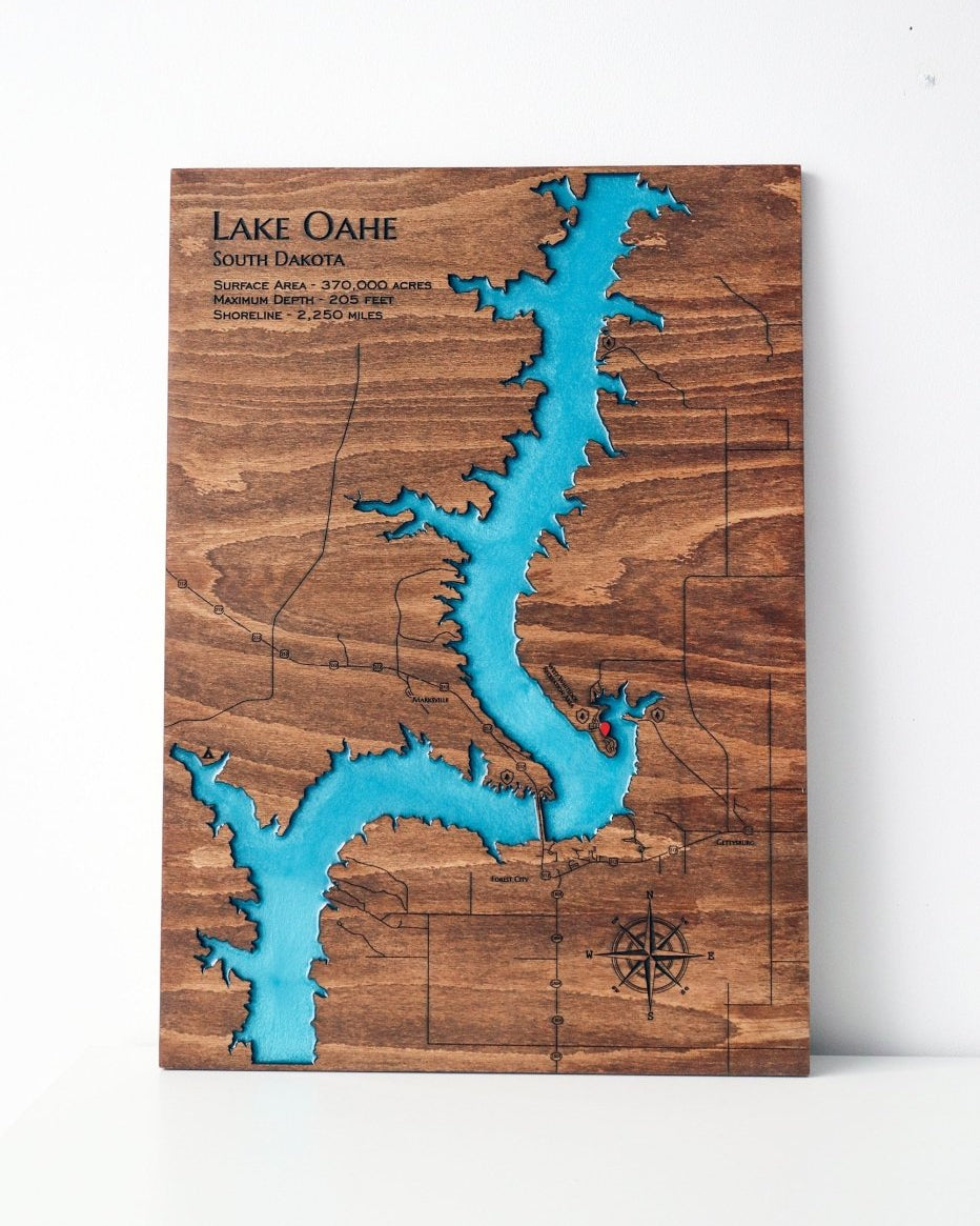 Custom Wood 3D Lake Map With Epoxy Resin - Lake Oahe