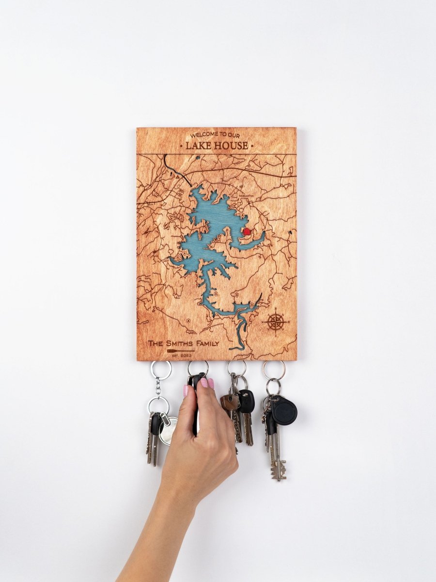 Wooden Lake Map Keyholder Vertical Detailed