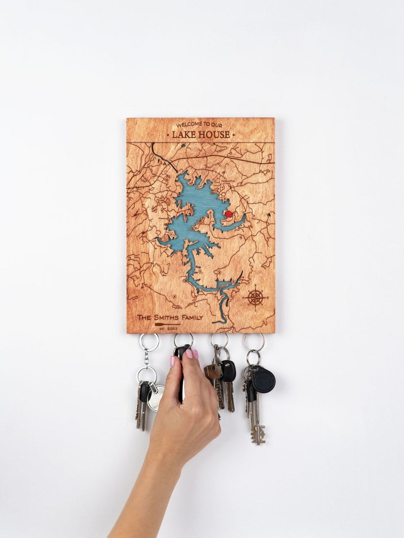 Wooden Lake Map Keyholder Vertical Detailed